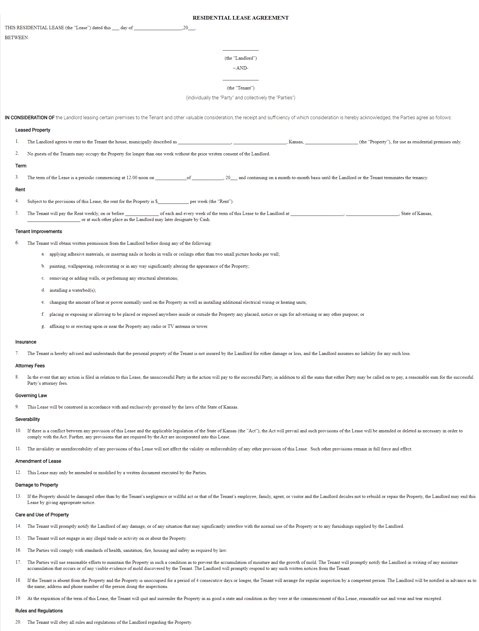 Rental Lease Agreement Kansas Free KS Rental Agreement Template 