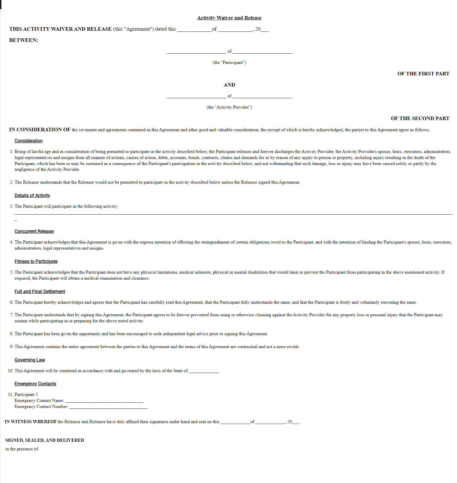 Free Release And Waiver Form Forms Legal